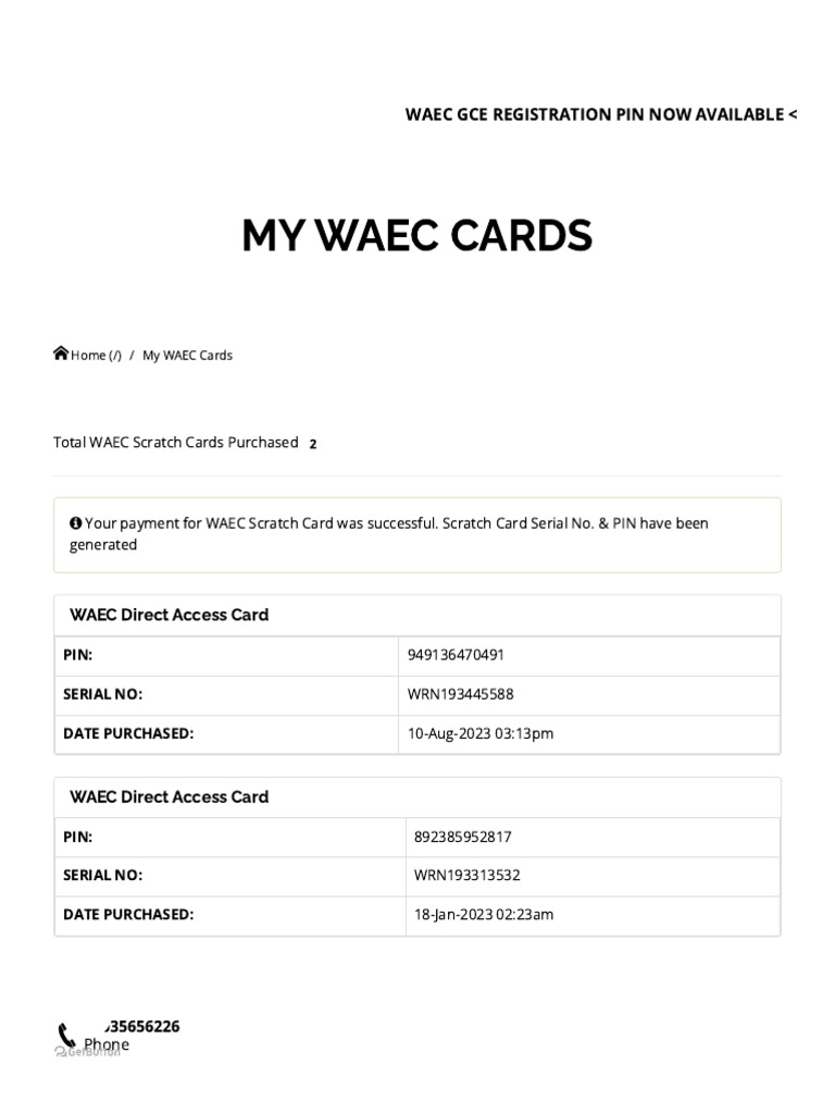 WAEC Scratch Card Purchase Details | PDF