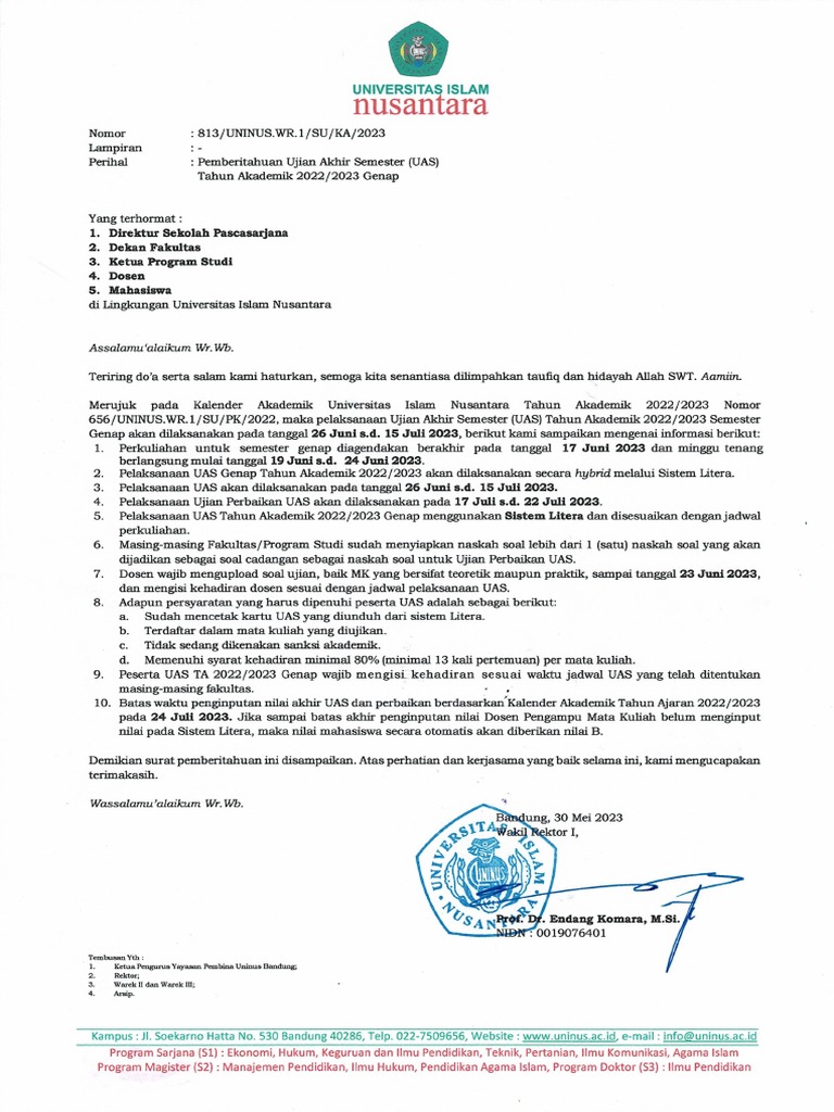 Surat Pemberitahuan UAS Semester Genap TA 2022 - 2023 | PDF