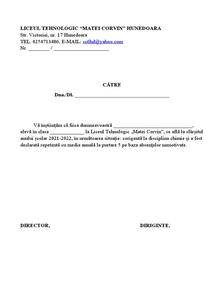 Instiintare Repetentie | PDF