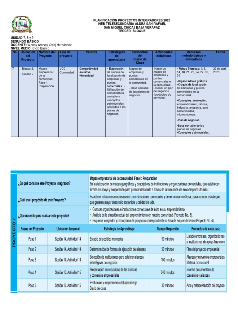 Planificación Proyecto Integrador 2do. Básico Tercer Bloque | PDF | Negocios | Finanzas y dinero