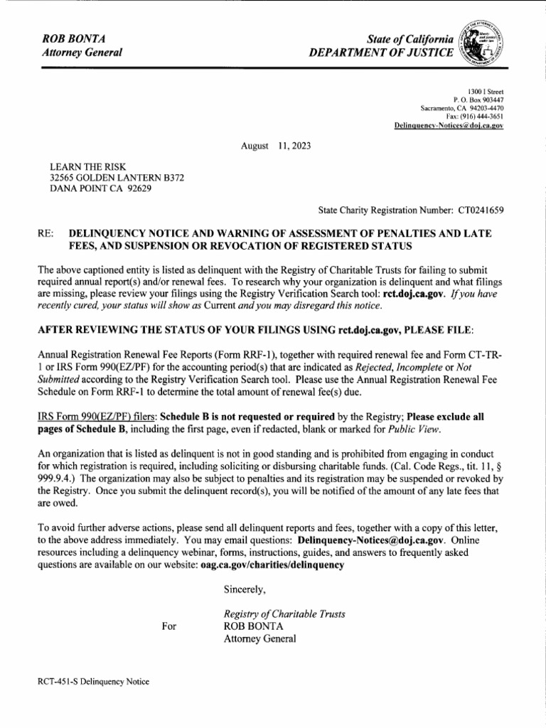 Learn The Risk RCT-451-S Delinquency Notice | PDF