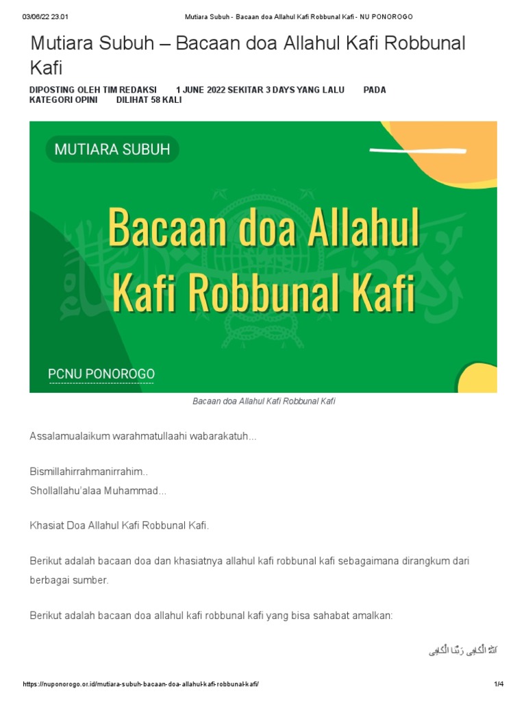 Mutiara Subuh - Bacaan Doa Allahul Kafi Robbunal Kafi - NU PONOROGO | PDF | Karier ...