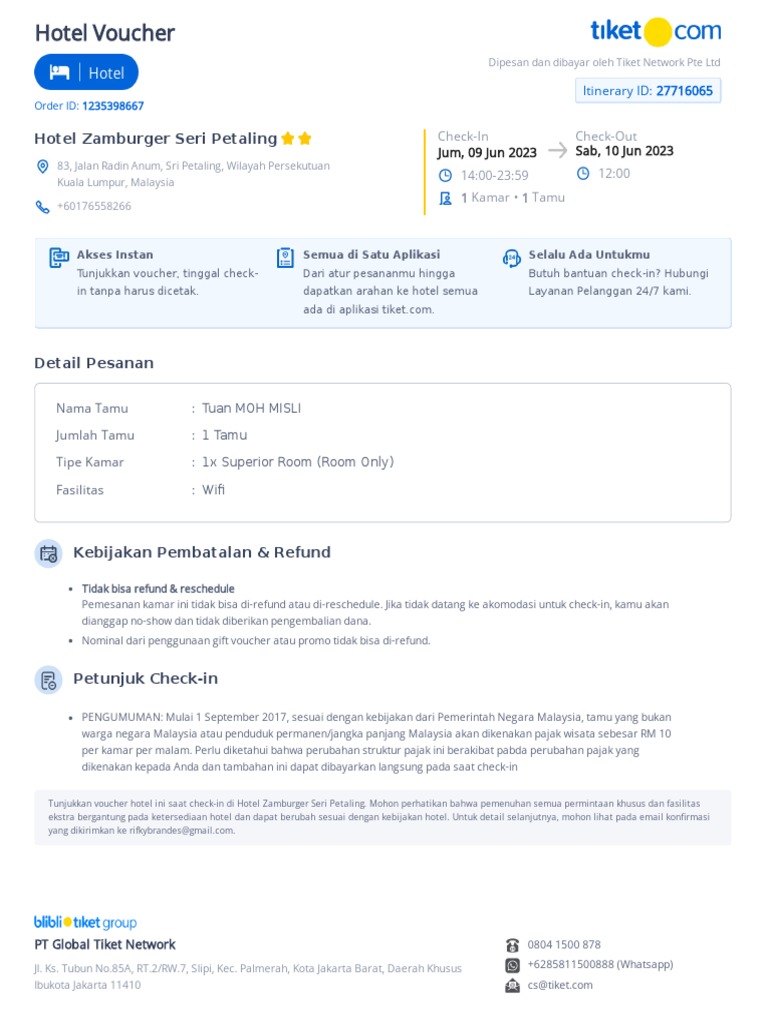 Hotel E-Voucher - Order ID 1235398667 | PDF