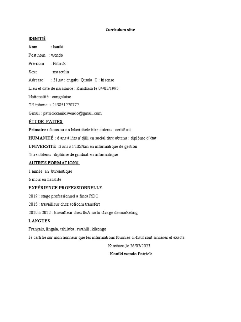 CV de Patrick Kaniki Wendo | PDF | Droit