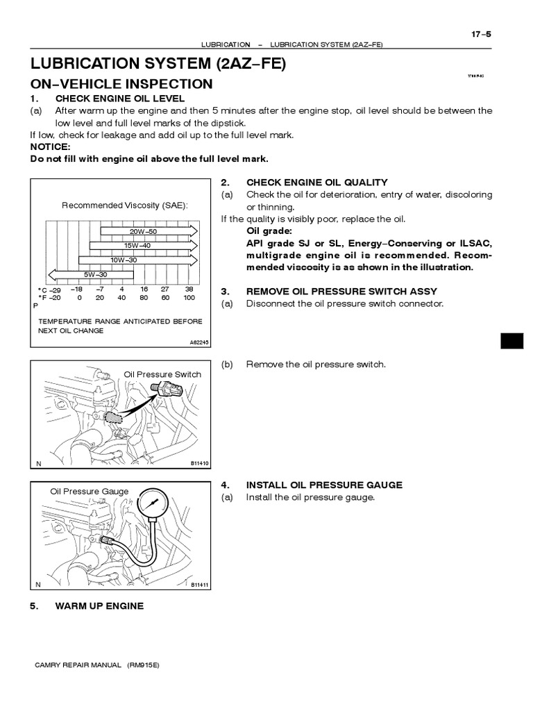 Lubrication System (2az Fe) : On Vehicle Inspection | PDF | Motor Oil ...