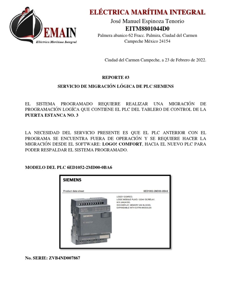 REPORTE DE SERVICIO DE MIGRACIÓN DE PLC SIEMENS PUERTA ESTANCA No.3 | PDF | Controlador lógico ...