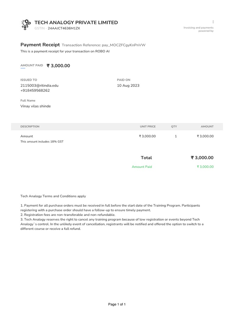 Receipt Pay_moczfcgyknpnvw From Tech Analogy Private Limited (Paid) | PDF