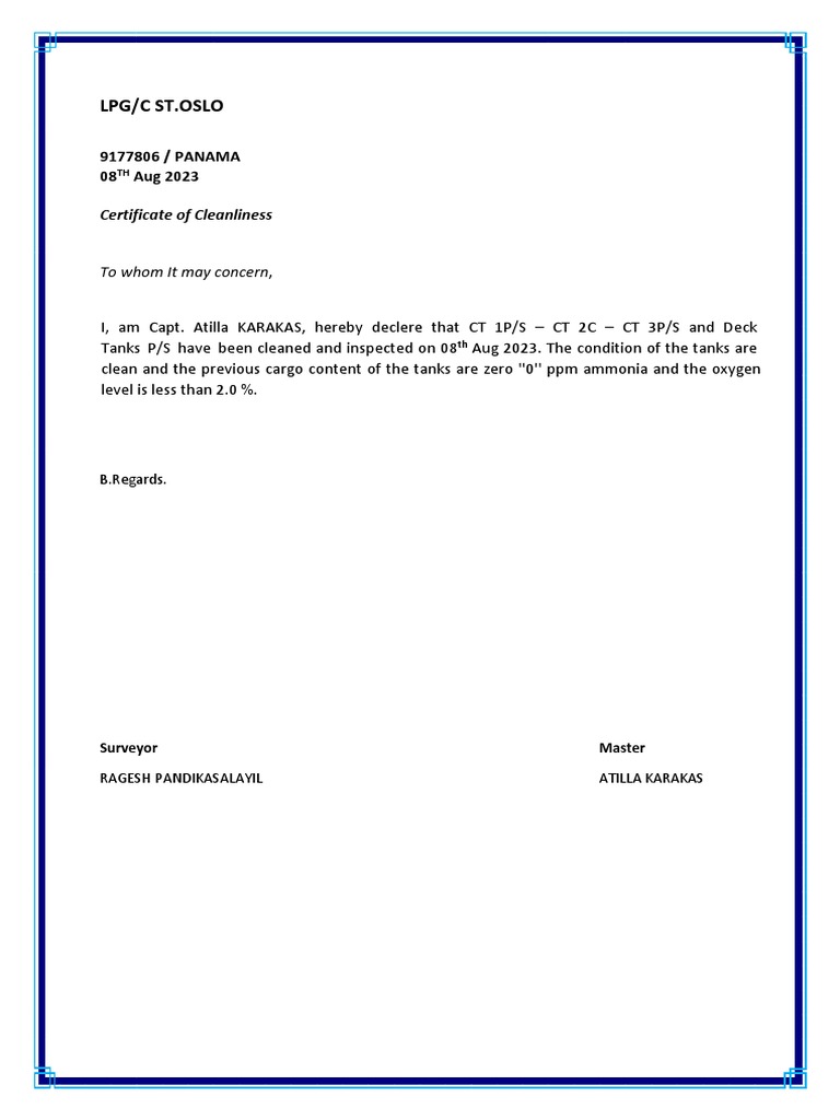 Certificate of Cleanliness - Cargo Tank - 08-08-2023 | PDF