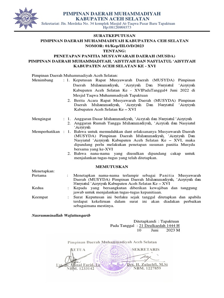Penetapan Panitia MUSDA XVI Aceh Selatan | PDF