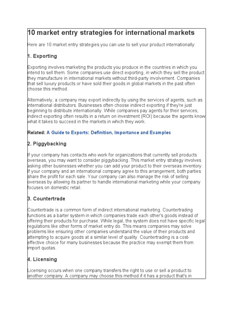 10 Market Entry Strategies For International Markets | PDF