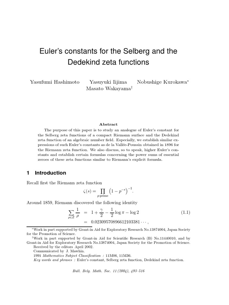 Euler's Constants For The Selberg and The Dedekind Zeta Functions | PDF