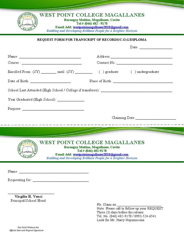 REQUEST FORM FOR TRANSCRIPT OF RECORDS Magallanes | PDF
