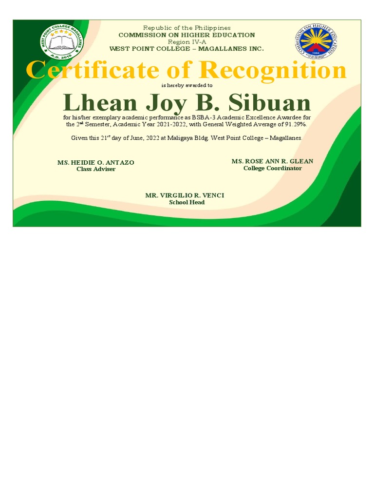 BSBA Academic Excellence Award Certificate | PDF