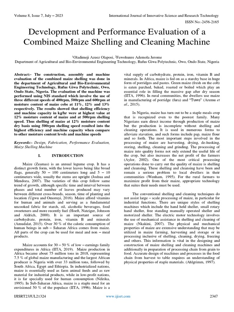 Development And Performance Evaluation Of A Combined Maize Shelling And