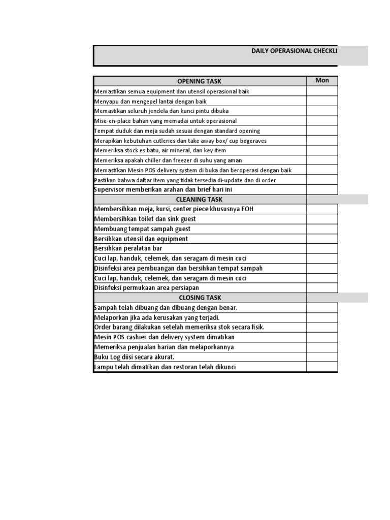 Template - Daily Operasional Checklist Form | PDF