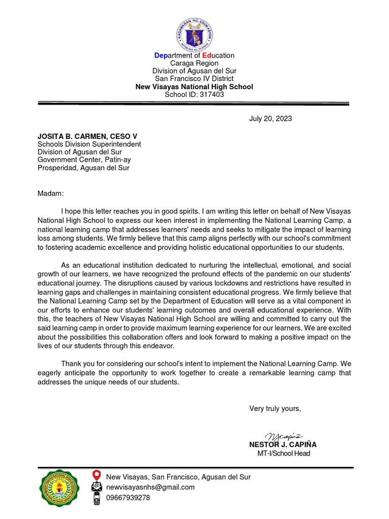 School Letter of Intent for NLC-New-Visayas-NHS (1) | PDF | Behavior ...