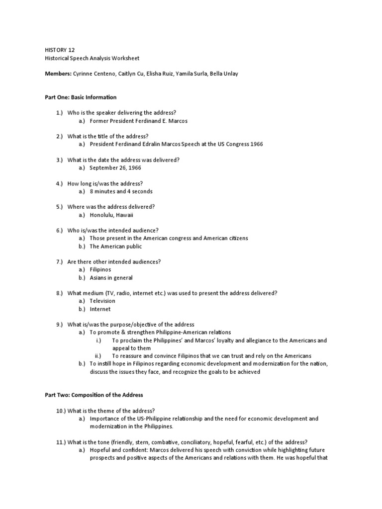 Historical Speech Analysis Worksheet | PDF
