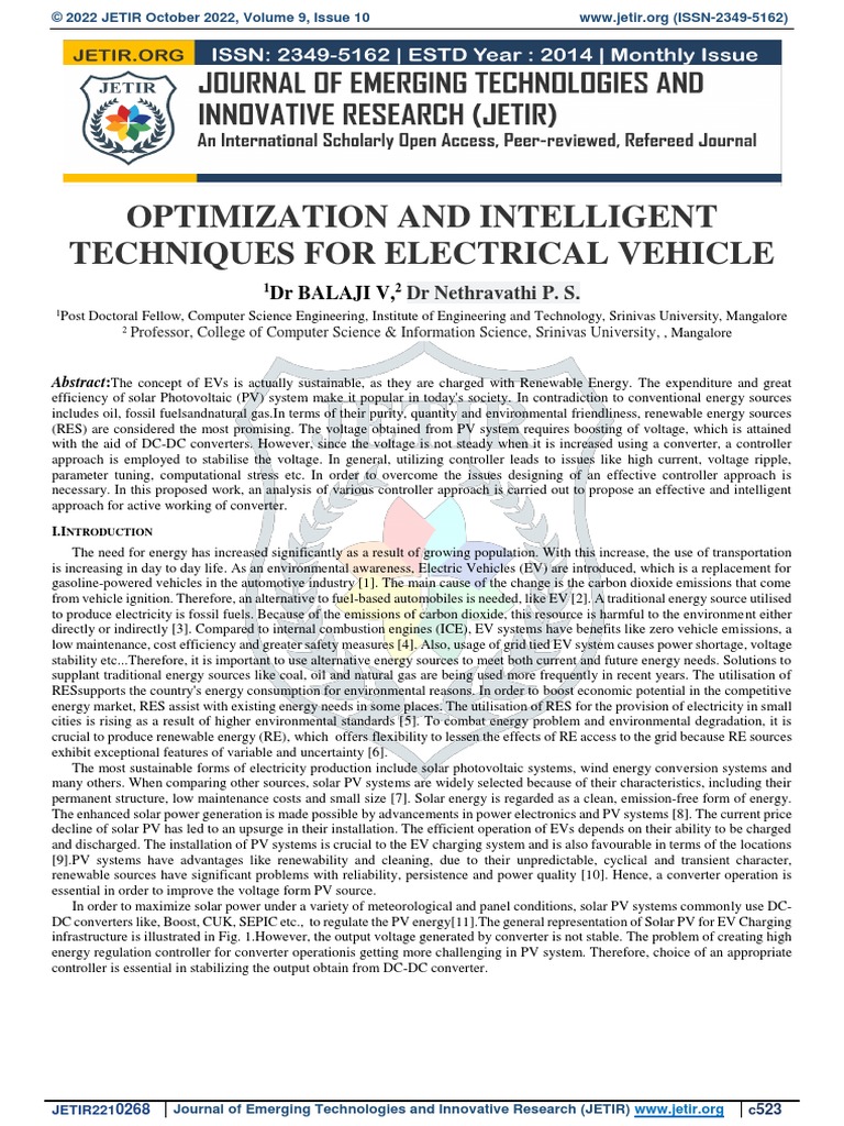 Optimization and Intelligent Techniques For Electrical Vehicle | PDF ...