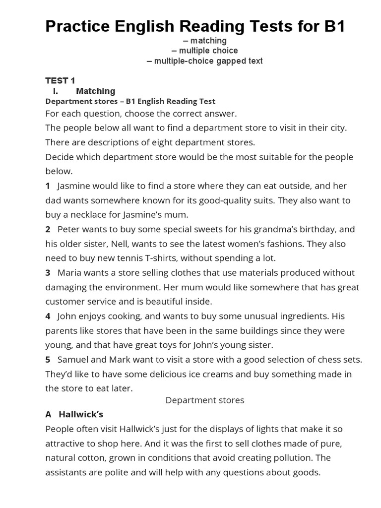 Practice English Reading Tests for B1 | PDF