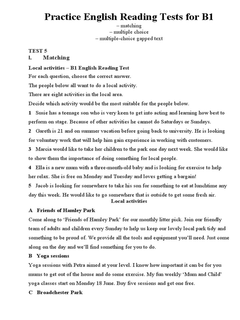 Practice English Reading Tests For B1 5 | PDF