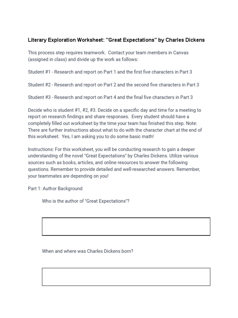 Literary Exploration Worksheet Great Expectations by Charles Dickens | PDF