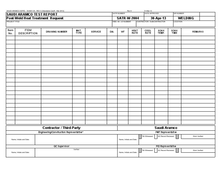 SATR-W-2004 Rev 6 PWHT Request | PDF