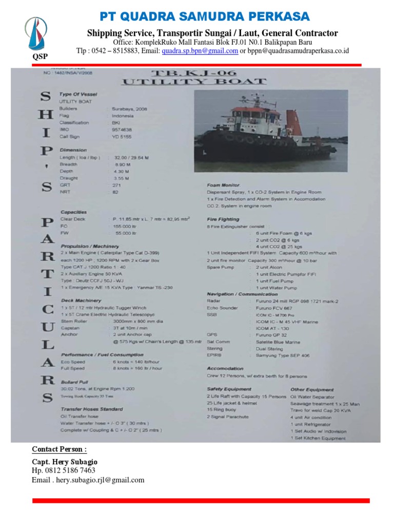 Ship Particular TB KJ - 06 (2 X 1200 HP) THN 2008 | PDF