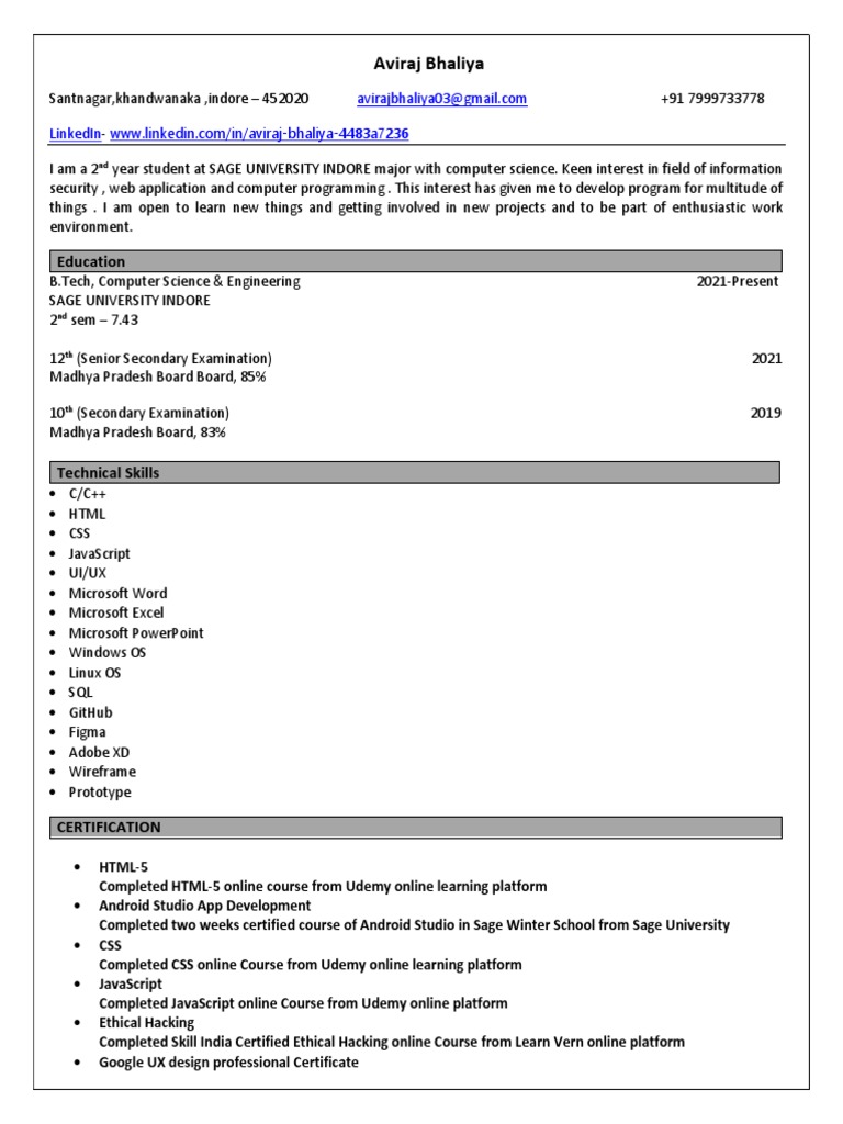 Aviraj Resume | PDF | Computers