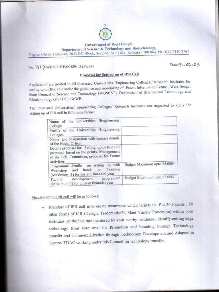 Proposal For Setting Up of IPR Cell | PDF