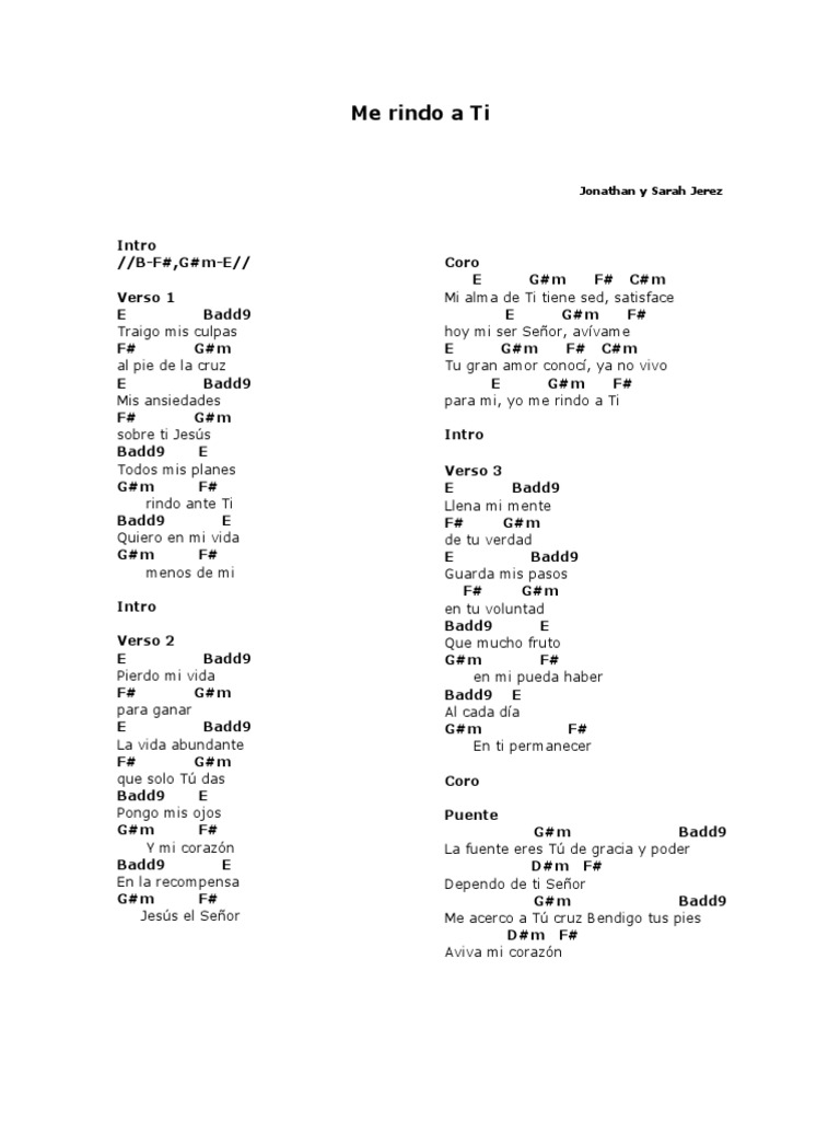 Letra de "Me rindo a Ti" - Jerez | PDF