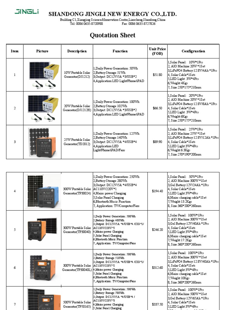 Portable Solar Generator Quotation Sheet - JINGLi | PDF