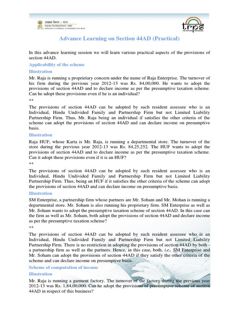 Section 44AD (Practical) | PDF | Depreciation | Tax Deduction