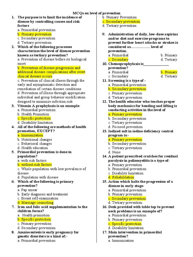 Answer - Level of Prevention - MCQs | PDF