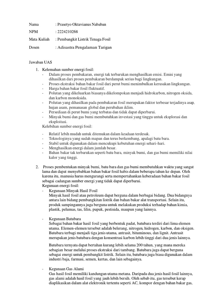 UAS Dan UTS PEMBANGKIT LISTRIK TENAGA FOSIL - Prasetyo Oktavianus ...