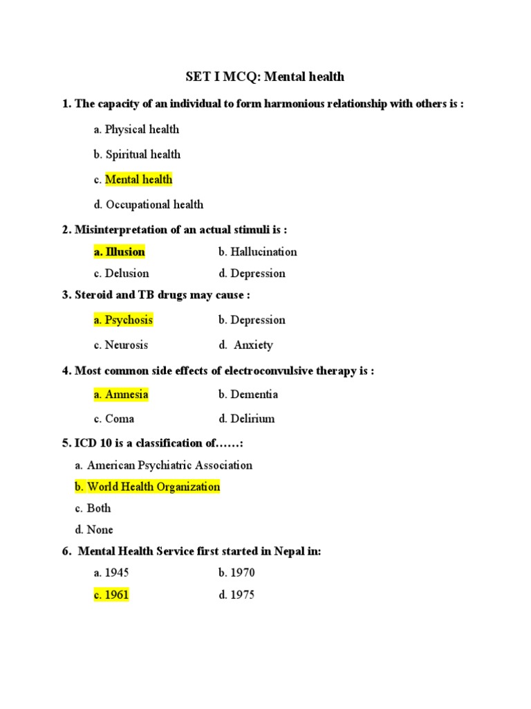 MCQs on Mental Health Assessment | PDF