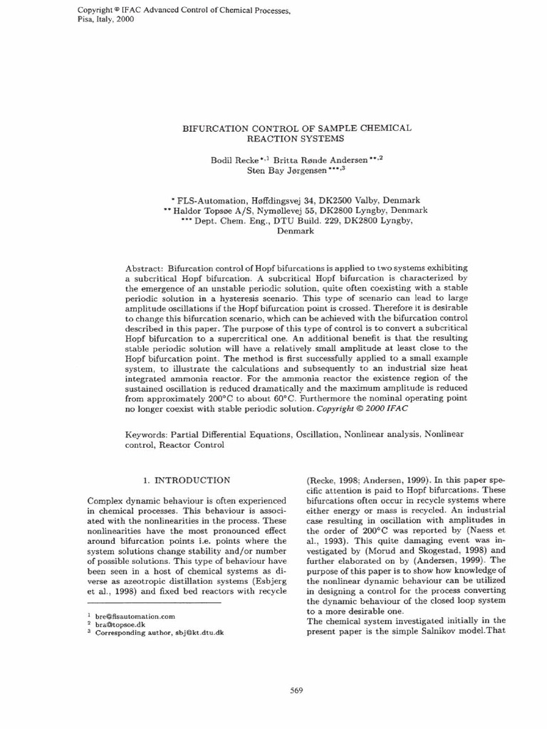 Bifurcation Control of Sample Chemical Reaction Systems | PDF Bifurcation Control of Sample Chemical Reaction Systems | PDF