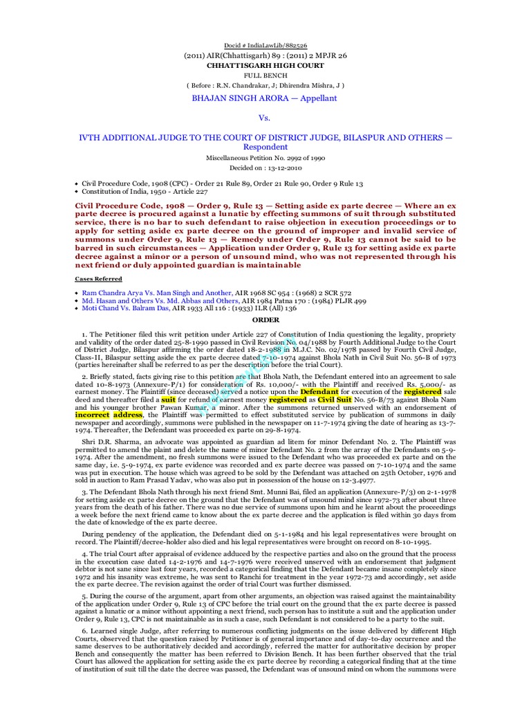 High Court Judgment On Ex Party Decree | PDF | Lawsuit | Ex Parte