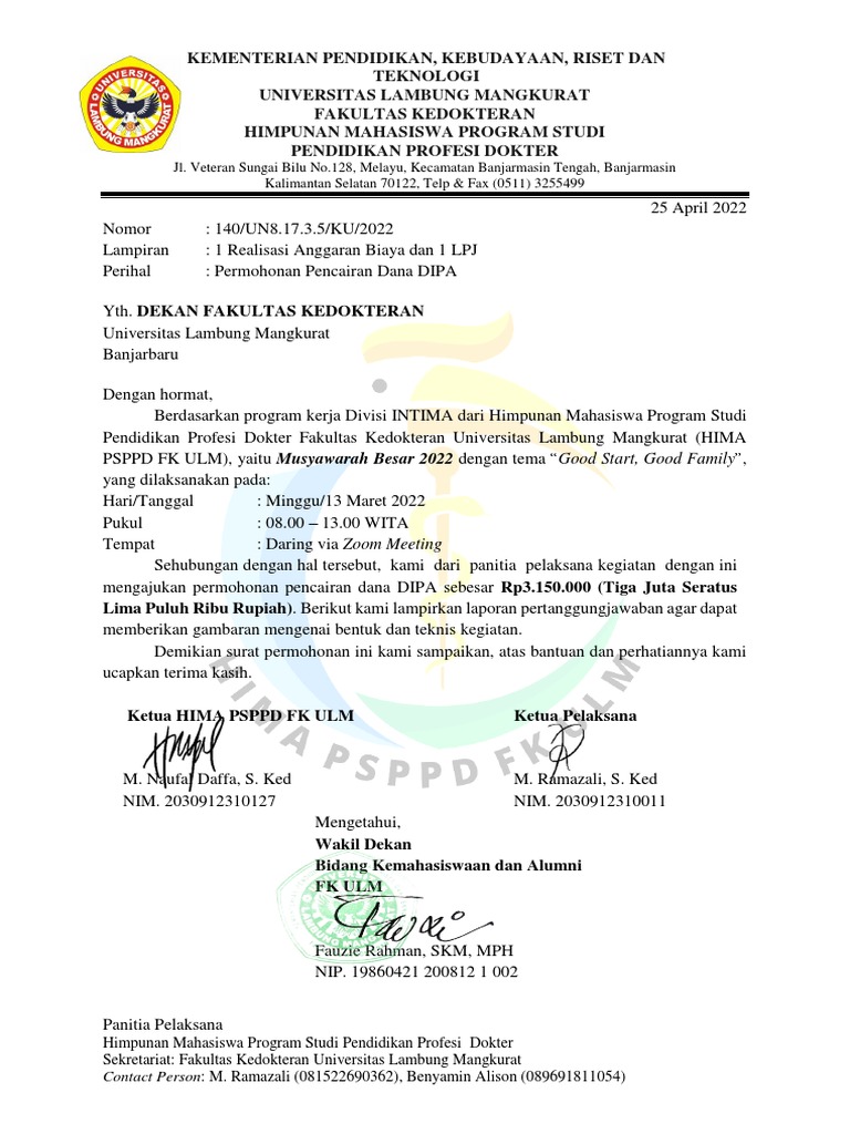 Permohonan Pencairan Dana DIPA HIMA PSPPD | PDF