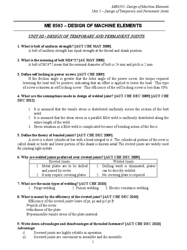 Design of Machine Elements Two Marks 2017-18 Unit 3 | PDF