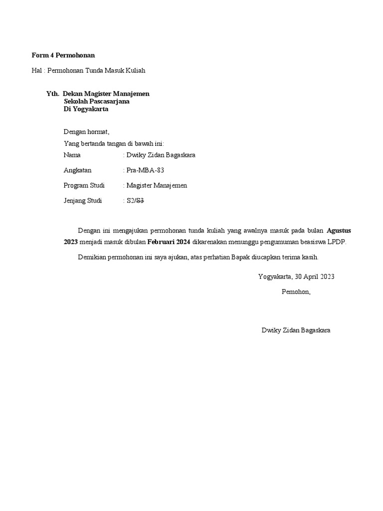 Formulir Permohonan Tunda Masuk Kuliah | PDF