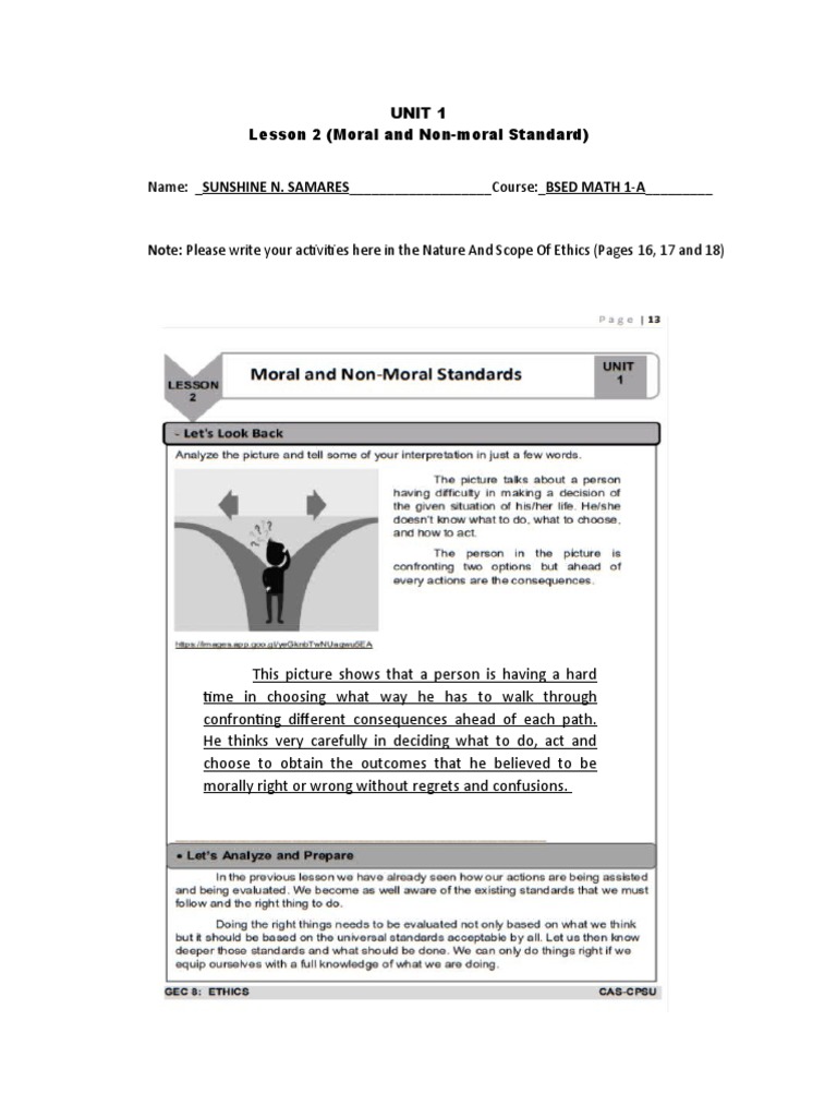 UNIT 1 Lesson 2 (Moral and Non-Moral Standards) | PDF