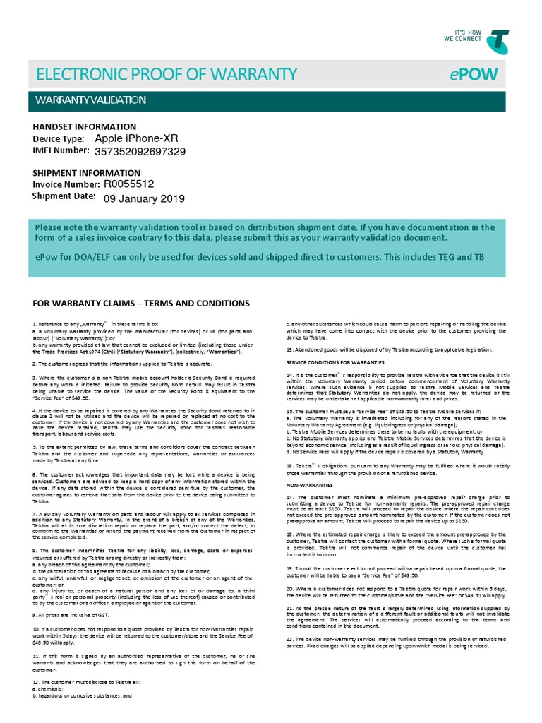 Electronic Proof of Warranty | PDF