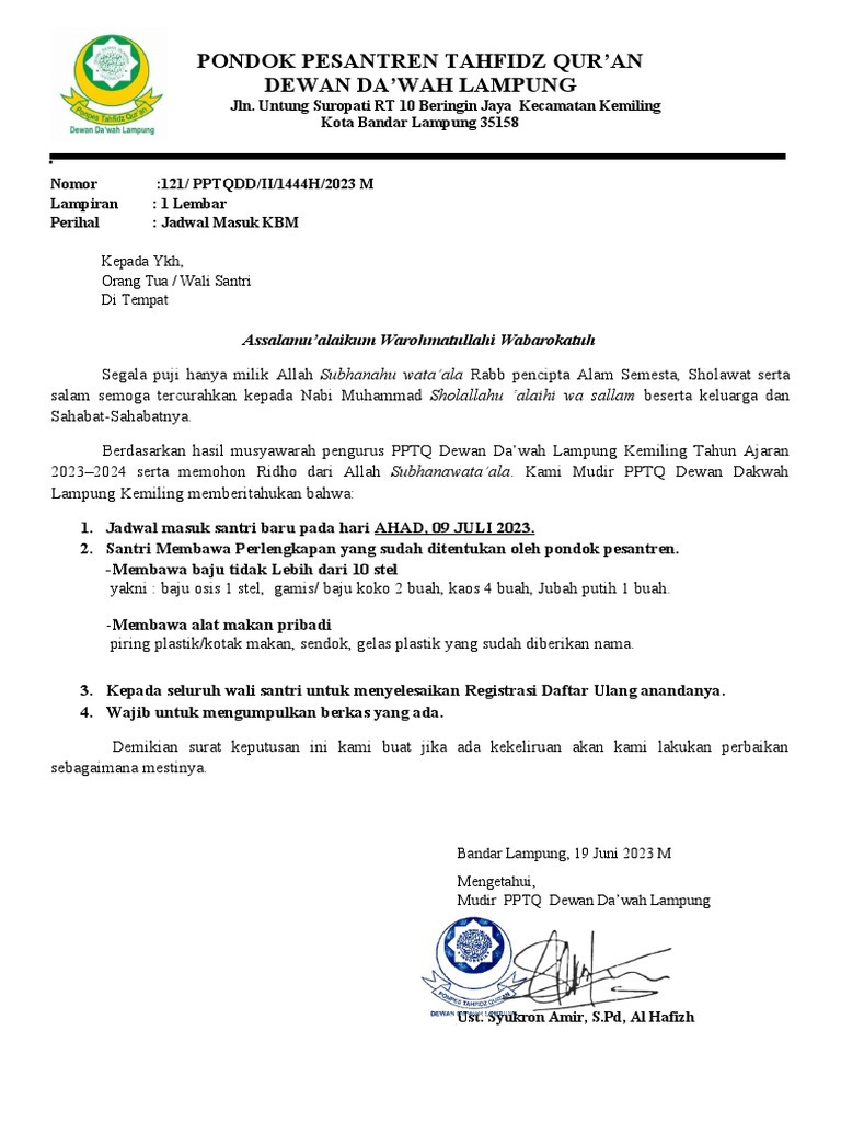 Surat Pemberitahuan Kedatangan Santri | PDF