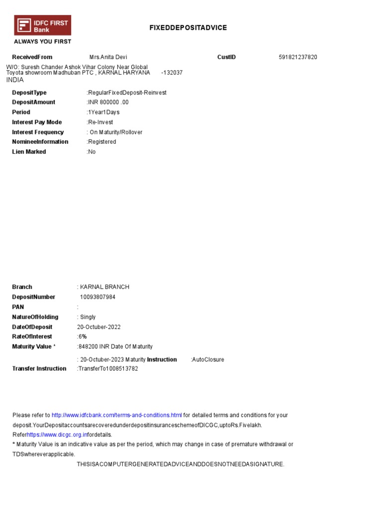 IDfC FD Certificate | Download Free PDF | Investing | Factor Income ...