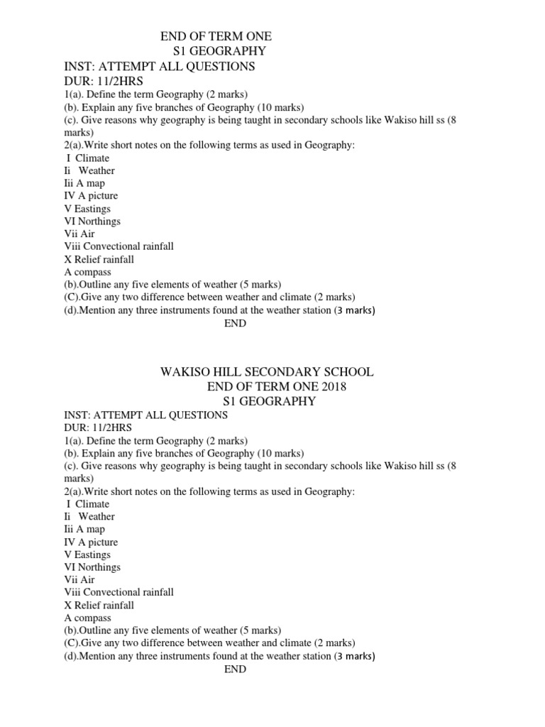 S1 Geography Exam Paper | PDF