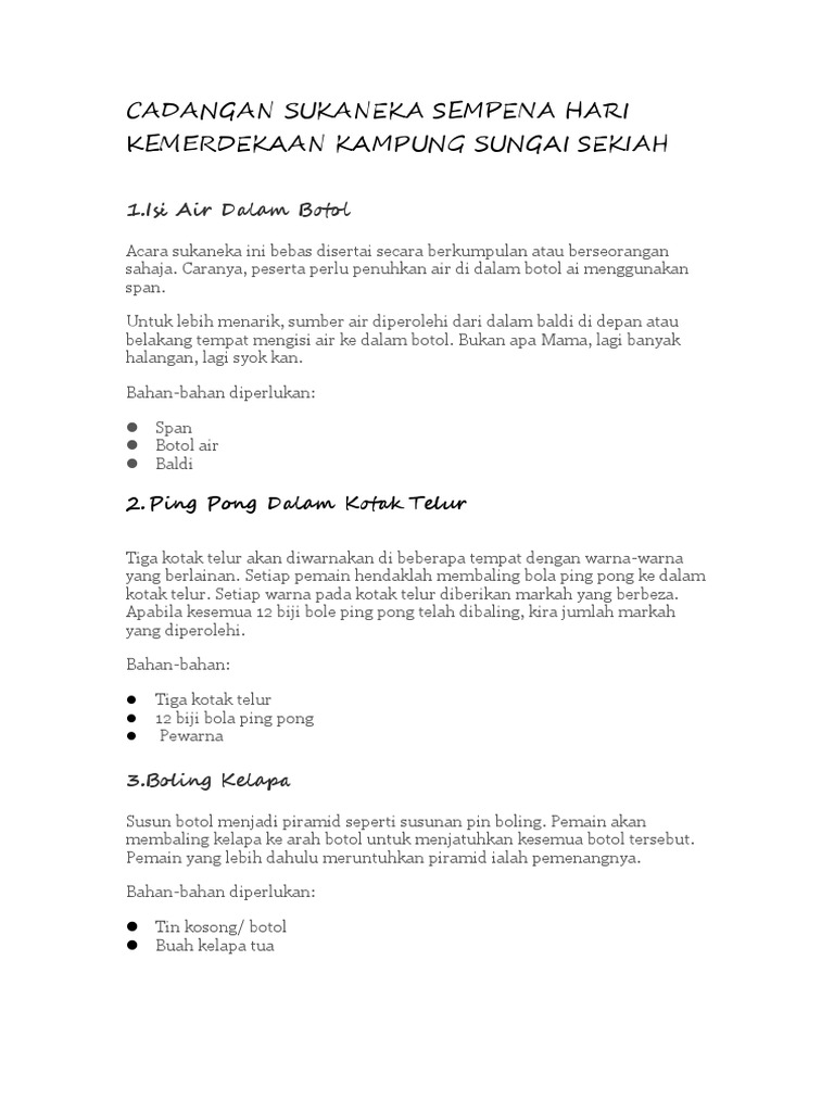 Cadangan Sukaneka Sempena Hari Kemerdekaan Kampung | PDF | Olahraga ...