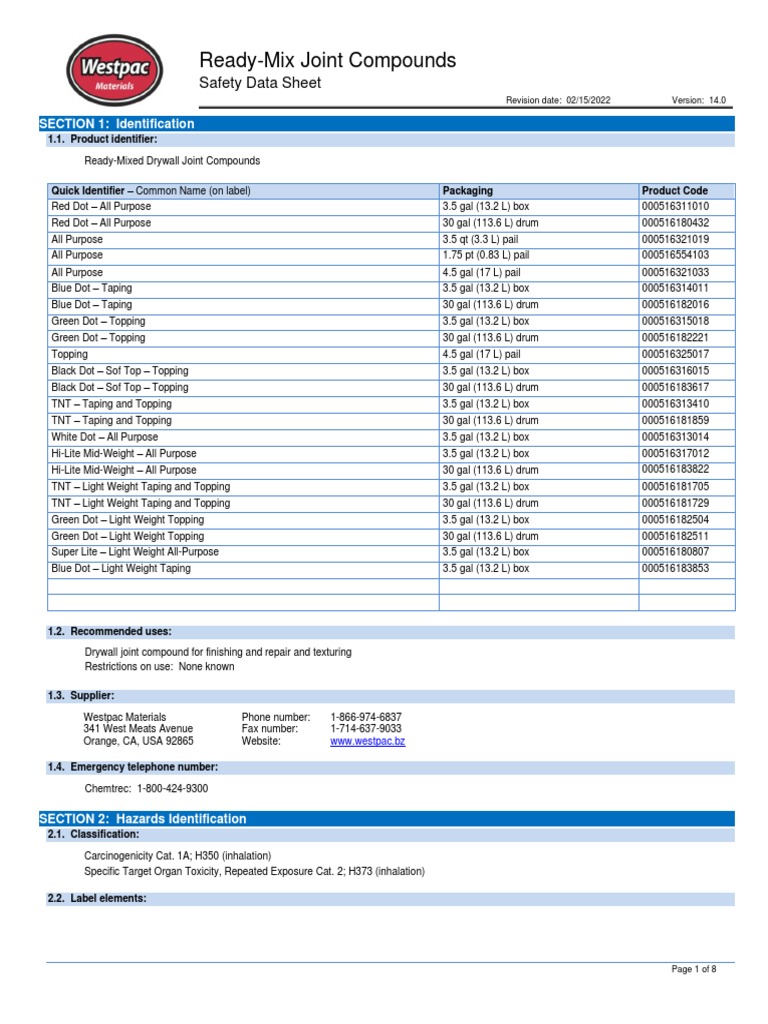 SDS Westpac Ready Mix Compounds | PDF | Toxicity | Dangerous Goods