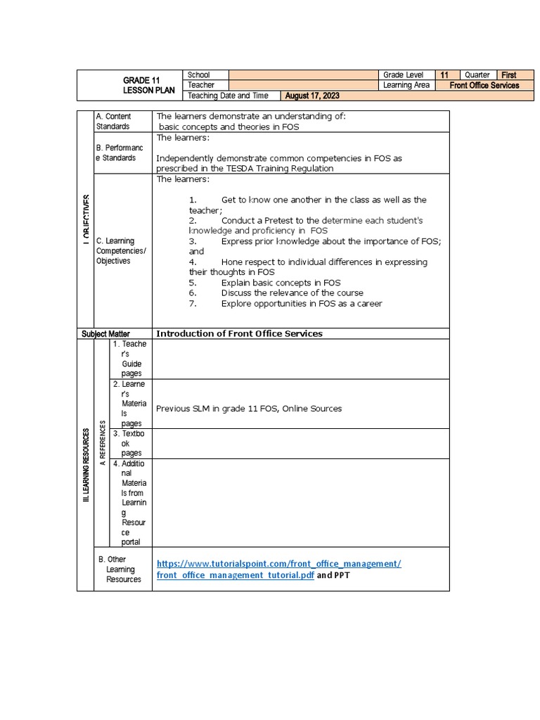 Grade 11 Lesson Plan Front Office | Download Free PDF | Thought | Learning
