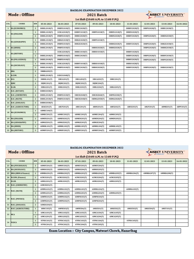 Backlog Time Table Dec 2022 - 2021 Batch | PDF