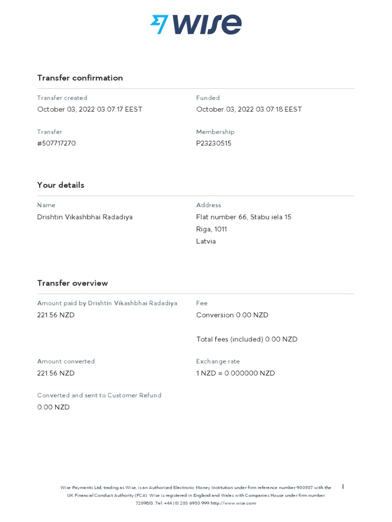 Wise Transaction Invoice Transfer 507717270 599717454 En-1 | PDF